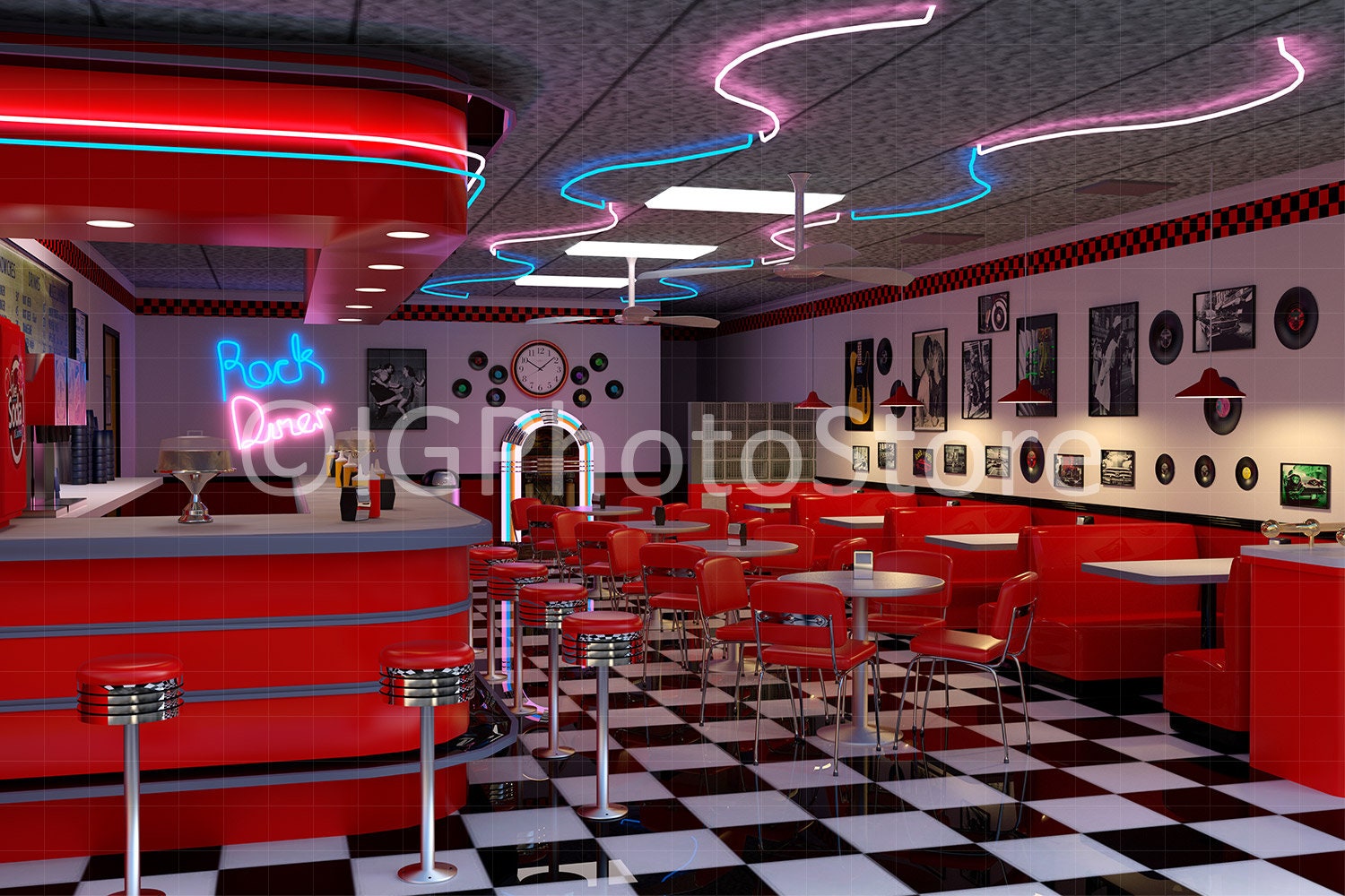 Retro American Diner Digital Backdrop, 1950s Vintage Digital Background ...