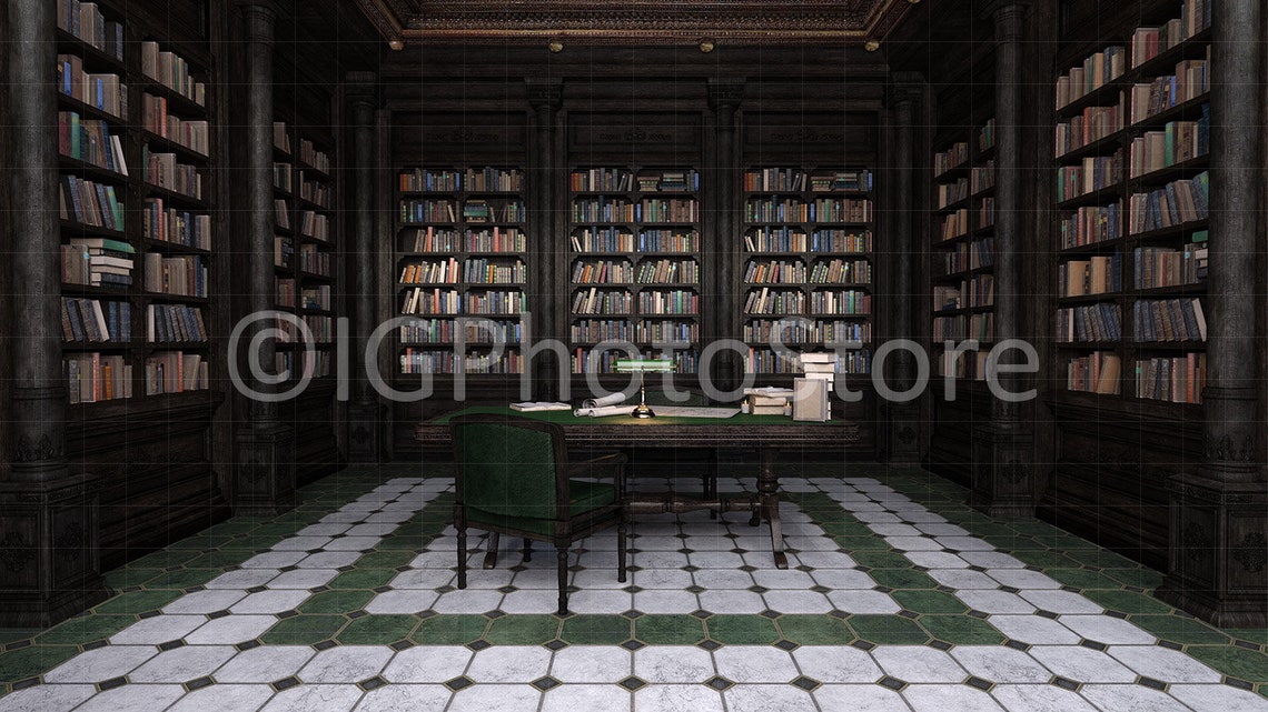 Library Digital Backdrop for Graduation Photos, Vintage Desk, Book Case ...