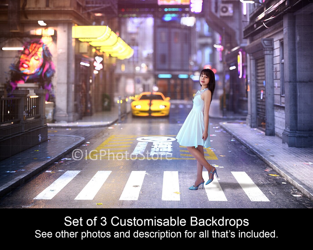 3 Colourful City Street at Night Digital Backdrops, Urban Background ...