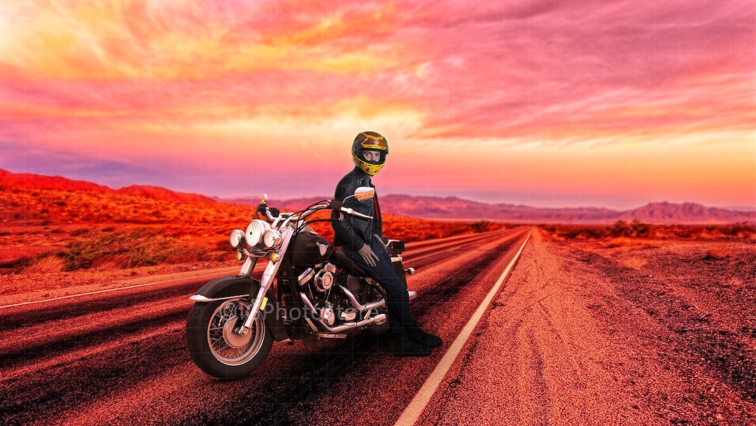 Motorbike on Empty Road at Sunset Digital Backdrop, Open Road Biker ...