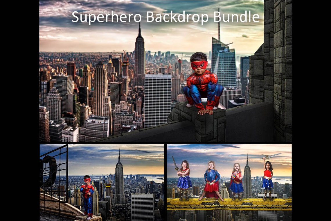 Superhero Backdrop Bundle, New York Rooftop Backdrop Set, Comic Super ...