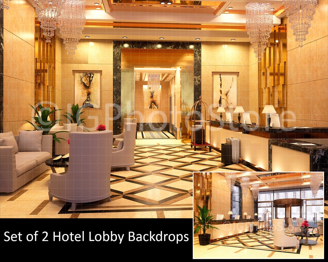 2 Hotel Lobby Digital Backdrops, Fancy City Hotel Lobby Background for ...