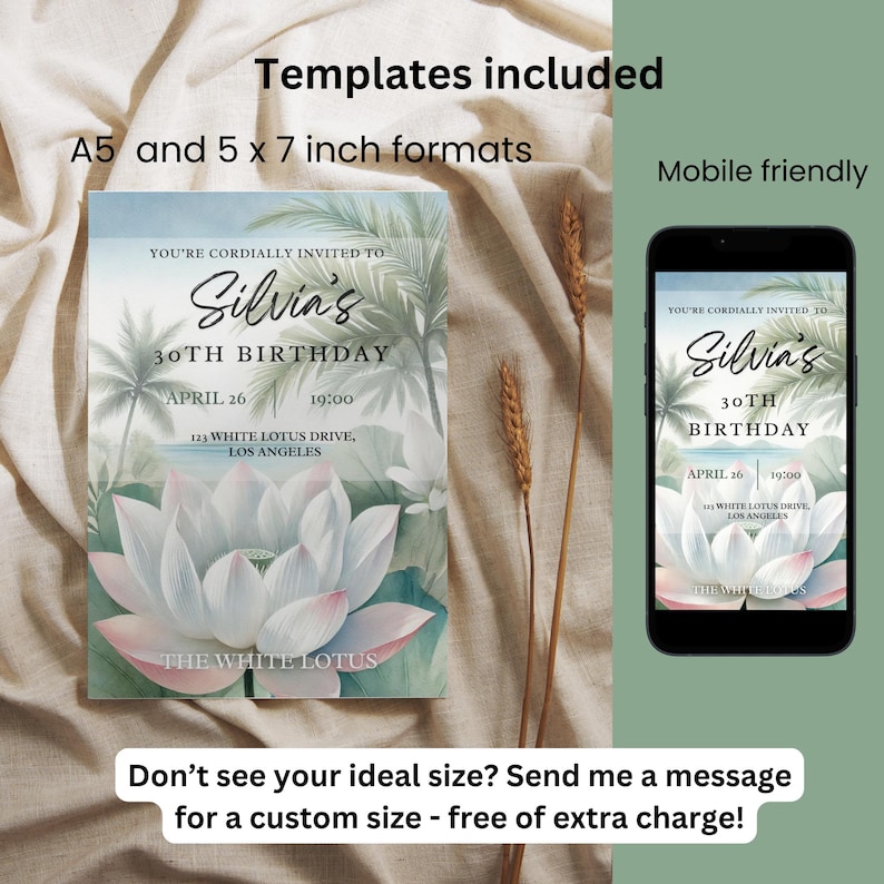 White Lotus Theme Birthday Invitation | Editable Template | Digital ...