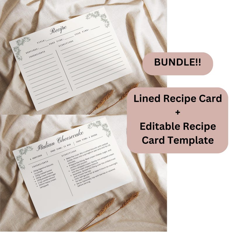 Editable Vintage Recipe Card, Digital Template, Floral, Minimal ...