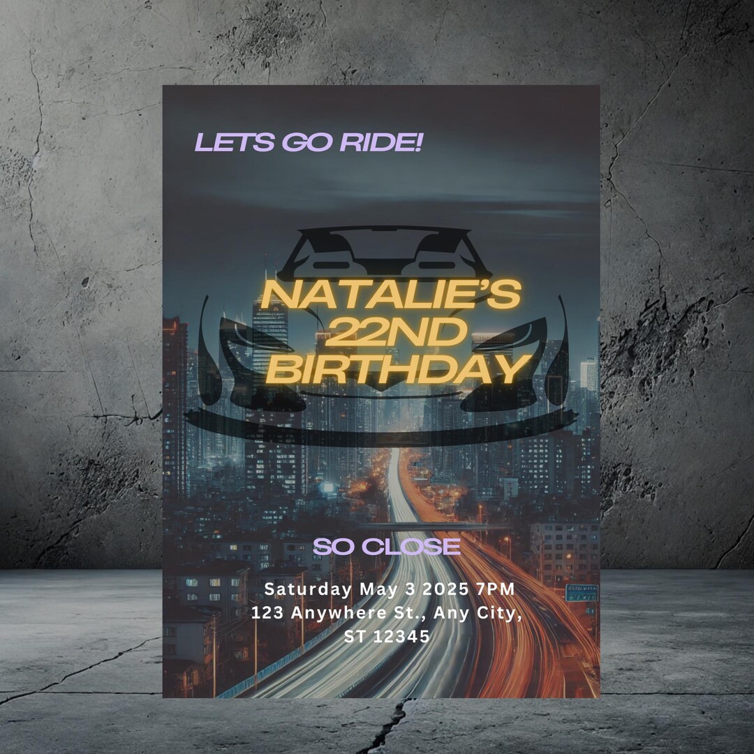 Tate Mcrae Birthday Invite, Editable, Canva, Sports Car, so Close to ...