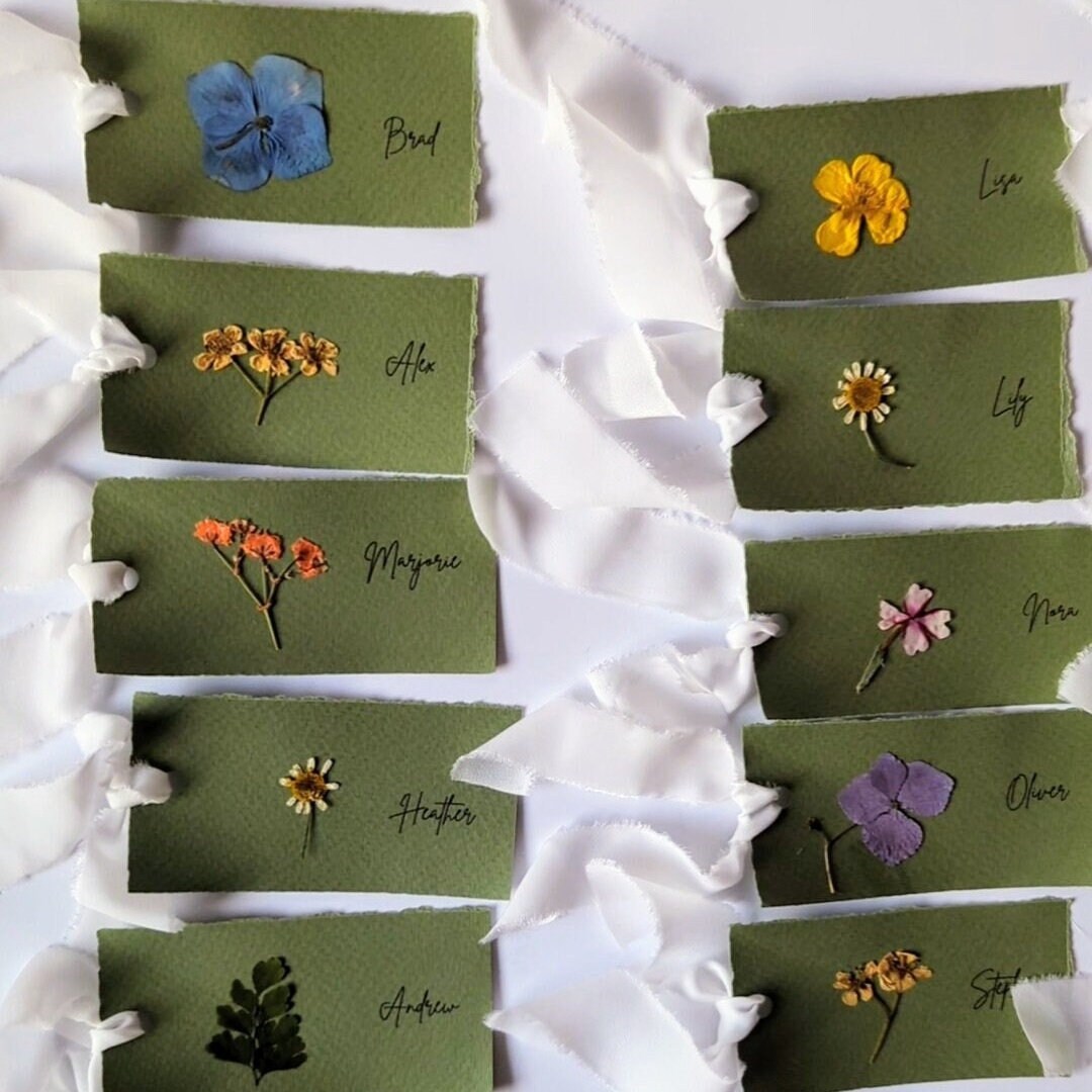 Personalised Wedding Name Place Cards With Real Flowers, Botanical ...