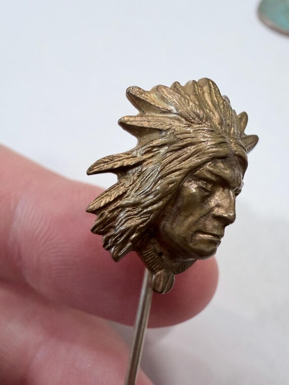 Indian Head Stick Pin Native American Chief Gold Tone - Gem