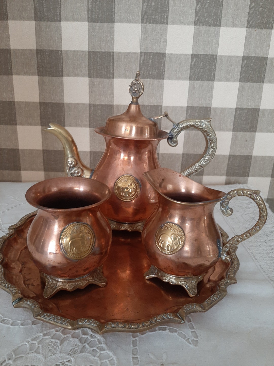 Gorgeous Vintage Four Piece Copper With Brass Trim Gazelle Tea Set - Etsy