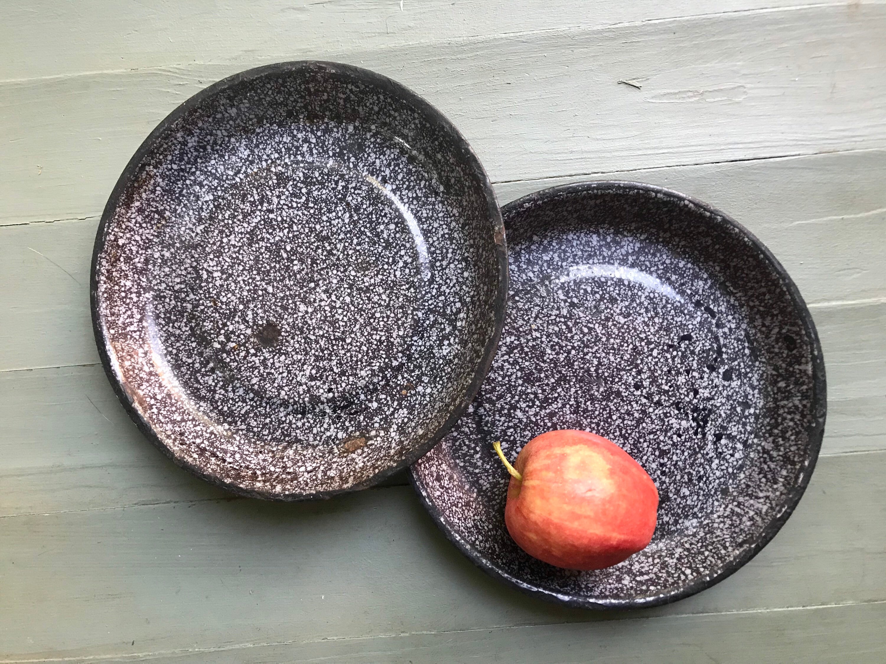 Two 1800s Enameled Tin Plates Brown with Gray Speckles | Etsy