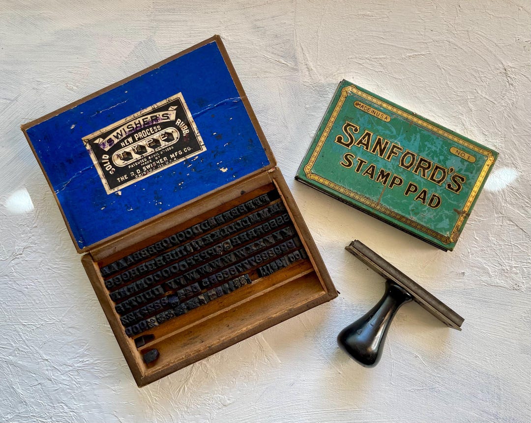 Antique Set of Letter Blocks, Stamping Handle and Stamp Pad, Early ...