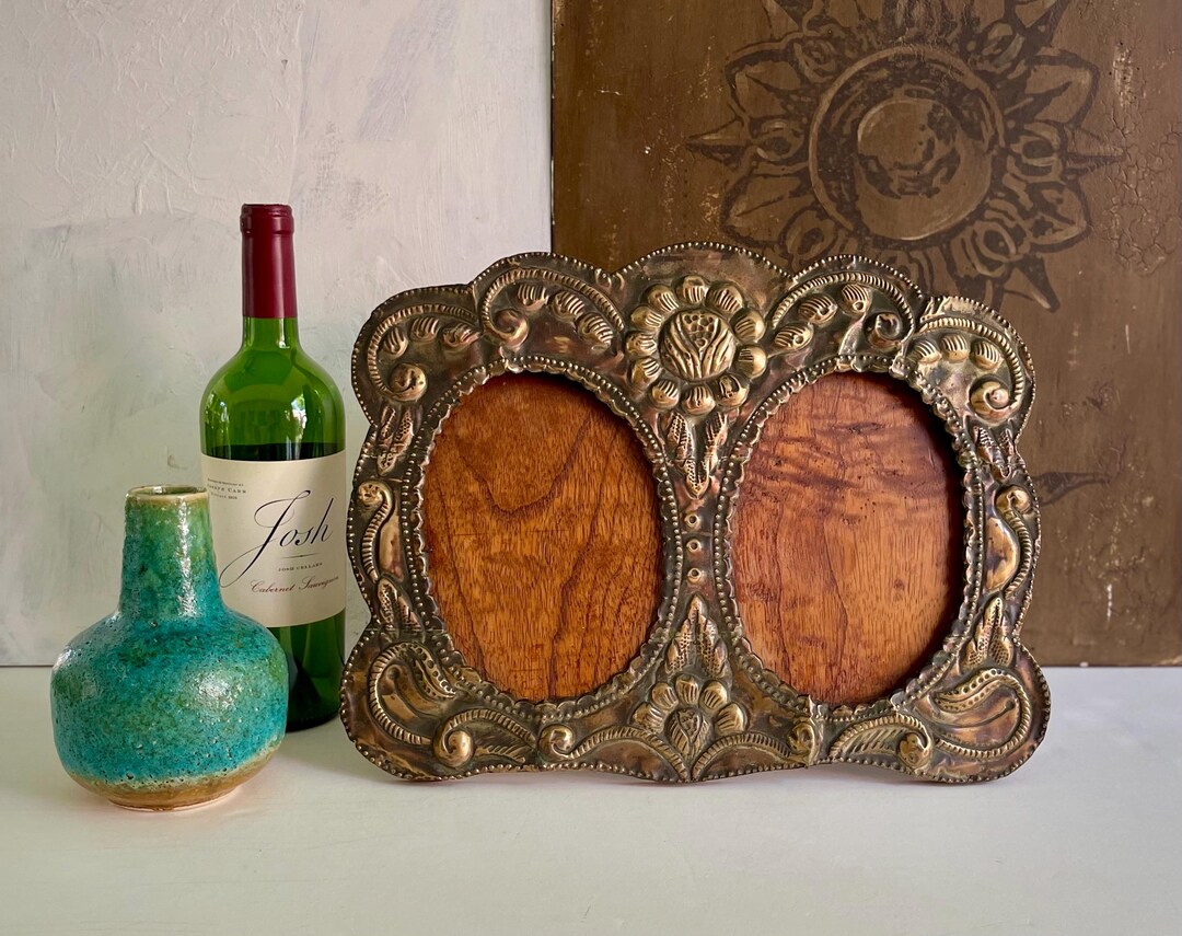 Large Antique Embossed Copper Double Picture Frame, Southwest Decor, No ...