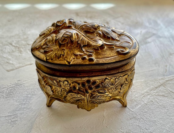Antique Chunky Gold-Tone Metal Jewelry Box with Deep … - Gem