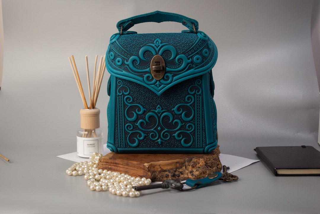Boho Messenger Bag, Turquoise Leather Bag, Turquoise Handbag, Turquoise ...