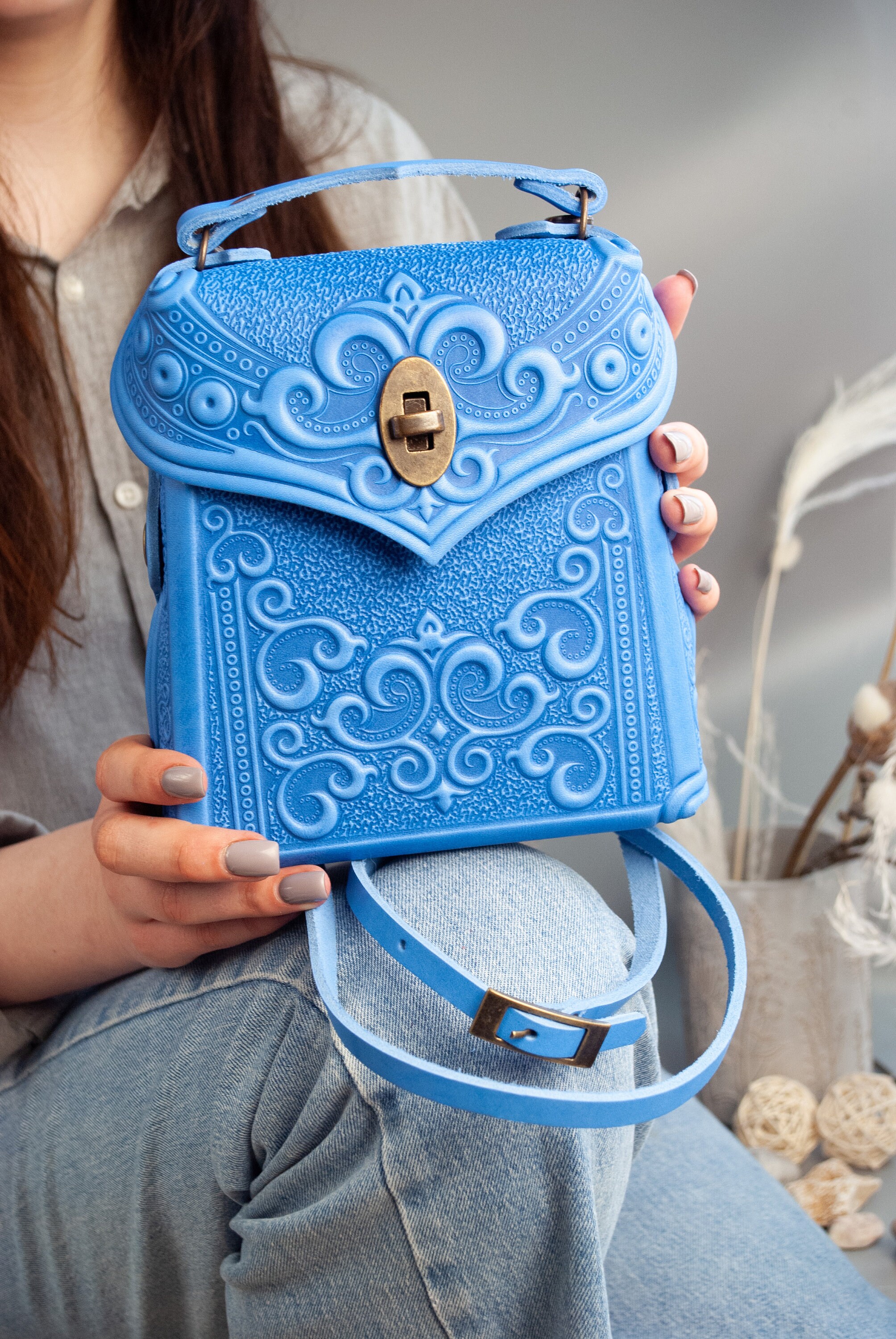 Blue Crossbody Bag Boho Messenger Bag Oriental Messenger Bag, Crossbody ...