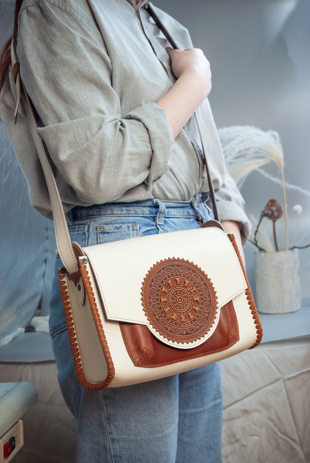 Beige Messenger Bag, Genuine Leather Bag, Embossed Leather Messenger ...