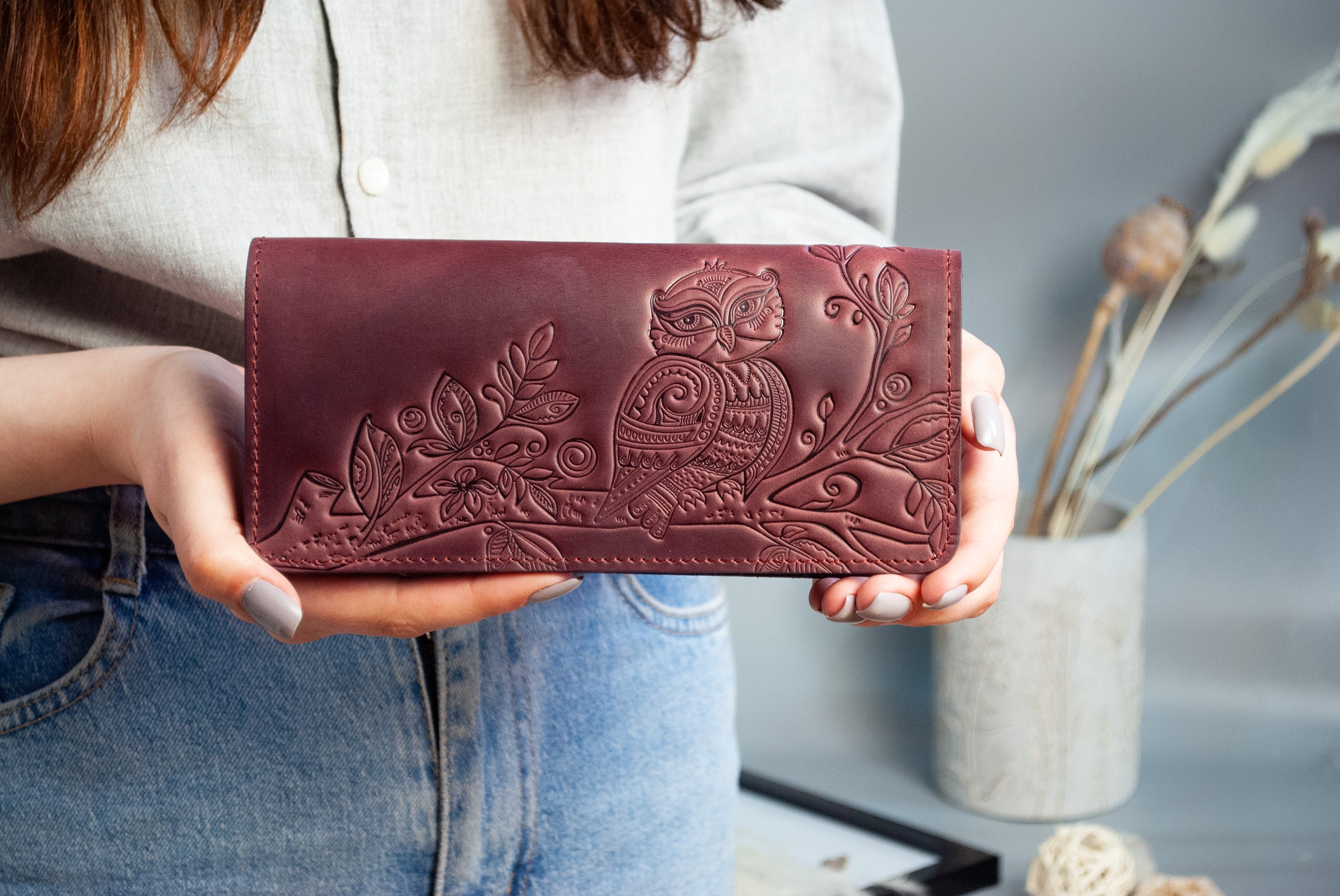 Handmade Leather Boho Purse, Owl Leather Wallet, Long Wallet, Custom ...