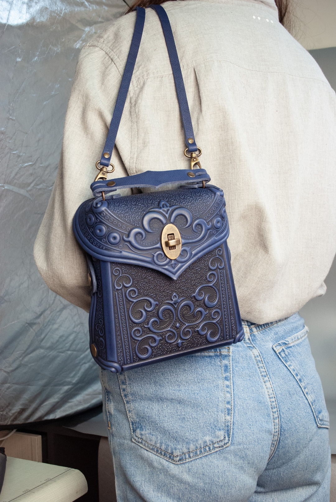 Dark Blue Crossbody Bag, Bag With Embossed Floral Print, Unique Ethnic ...