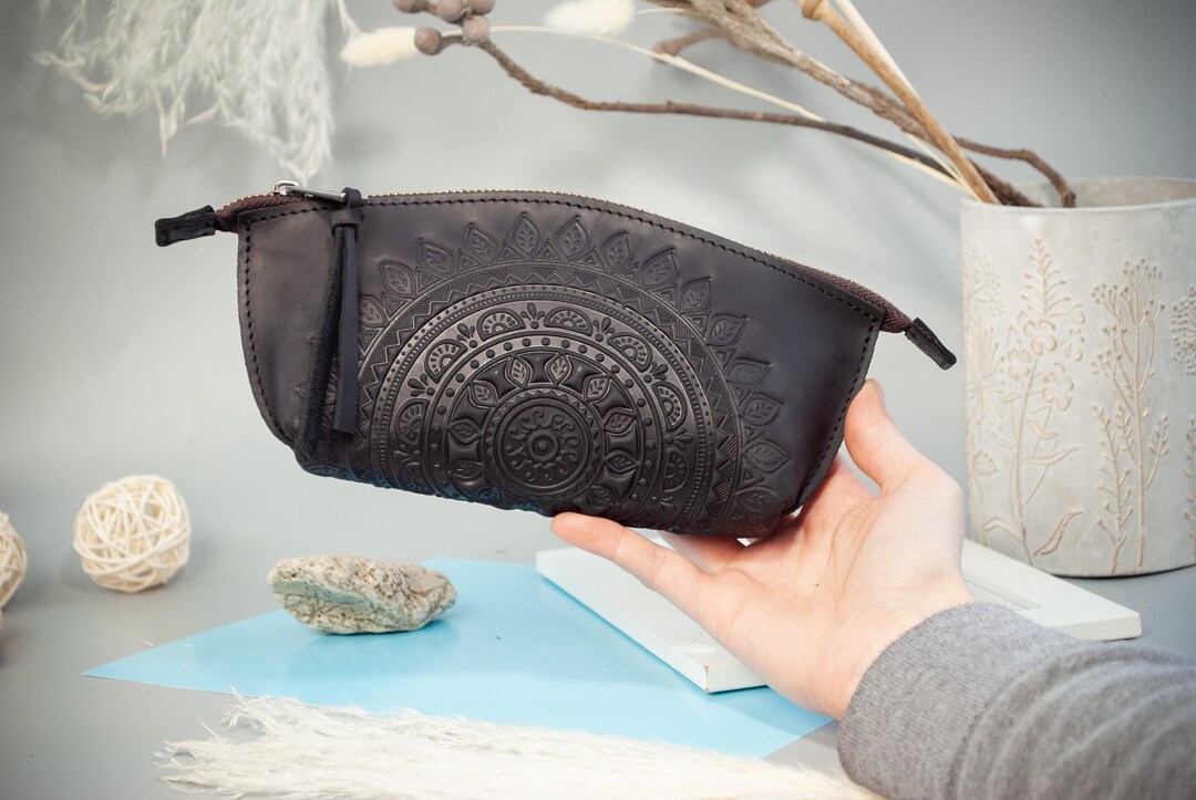 Genuine Leather Zipper Pouch Sun, Black Leather Makeup Bag, Zipper ...