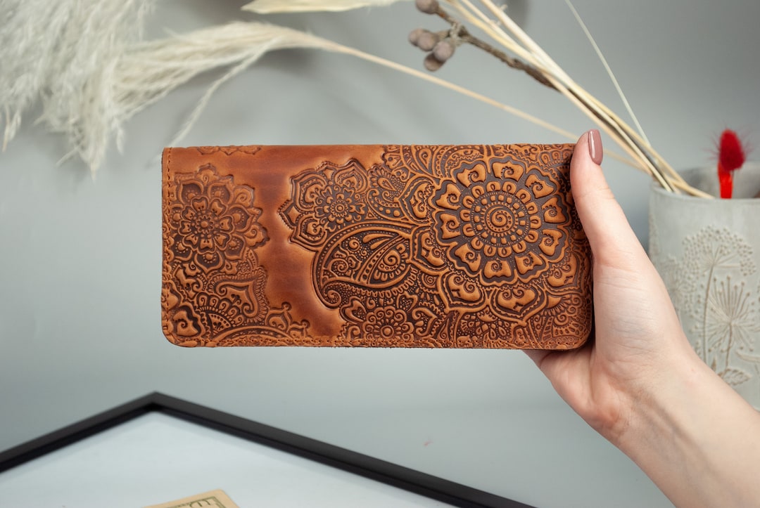 Leather Boho Wallet With Flower, Wallet With Ornament, Long Wallet ...