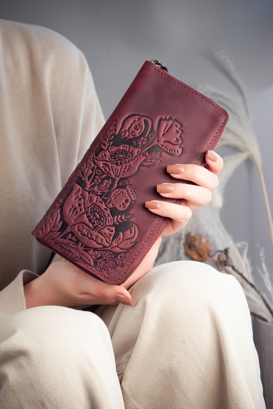 Large Clutch Bag, Floral Printed Leather, Mobile Phone Clutch, Leather ...