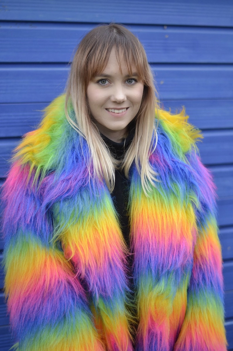 Rainbow Faux Fur Coat. Unisex Cut. 100% Polyester. Vegan | Etsy