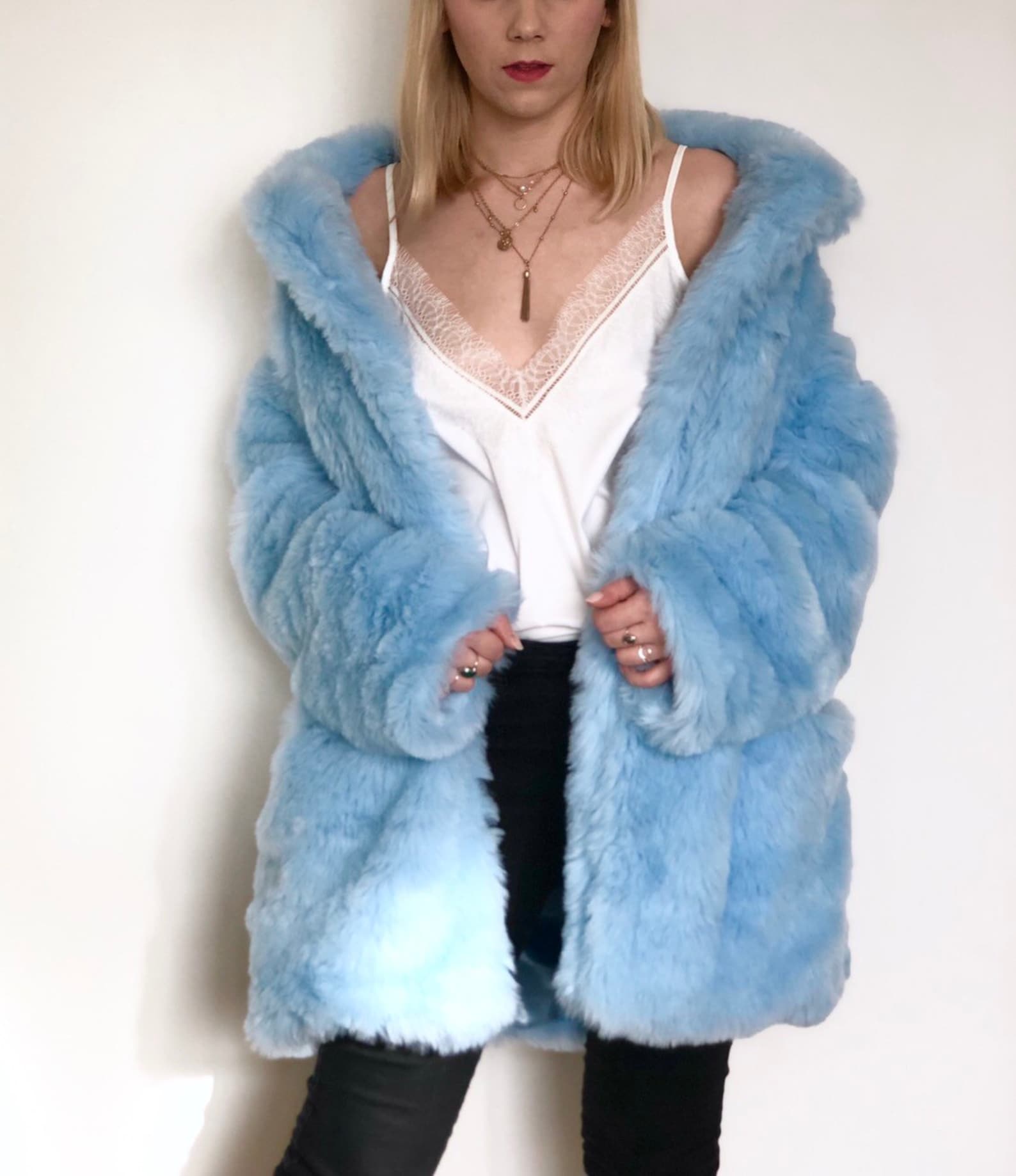 Baby Blue Fur Coat, Fluffy Jacket, Furry, 100% Polyester, Vegan, Fake ...