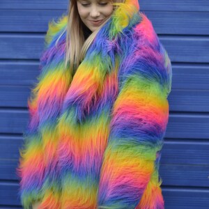 Rainbow Faux Fur Coat. Unisex Cut. 100% Polyester. Vegan, Cruelty Free ...