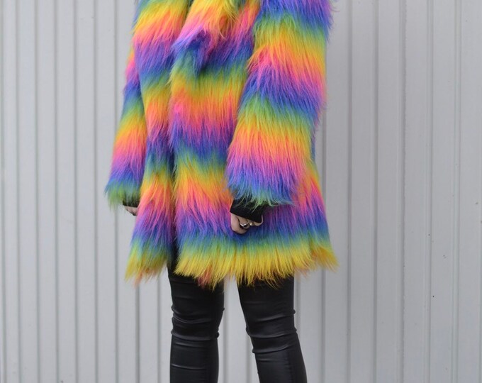 Rainbow Faux Fur Coat. Unisex Cut. 100% Polyester. Vegan, Cruelty Free ...