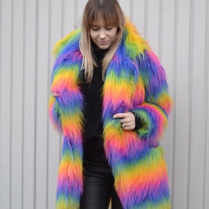 Rainbow Faux Fur Coat. Unisex Cut. 100% Polyester. Vegan, Cruelty Free ...