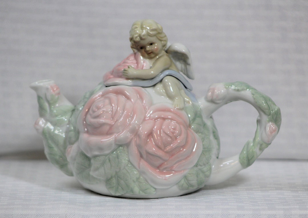 Avon Porcelain Angel Teapot, Decorated With Pink Roses in Relief ...