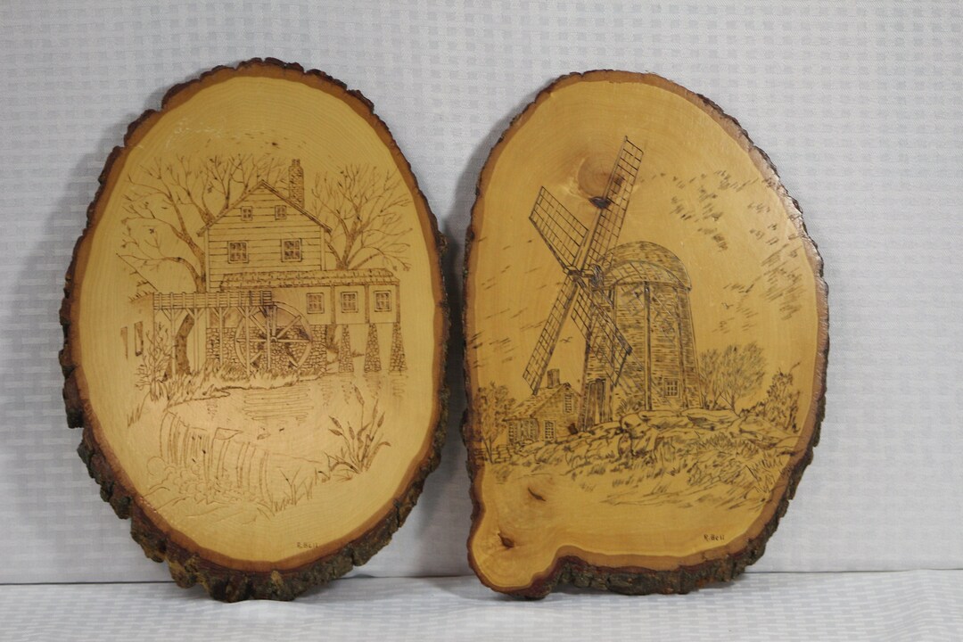 Two 13” Cottagecore Art Pieces, Windmill & Farmhouse, House With Water ...