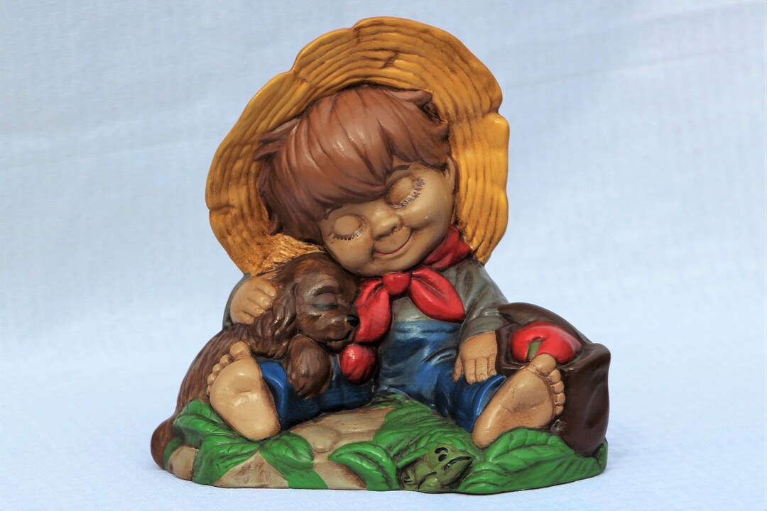 Cottagecore Ceramic Sculpture, Sleeping Boy With Puppy, Signed B. Reed ...