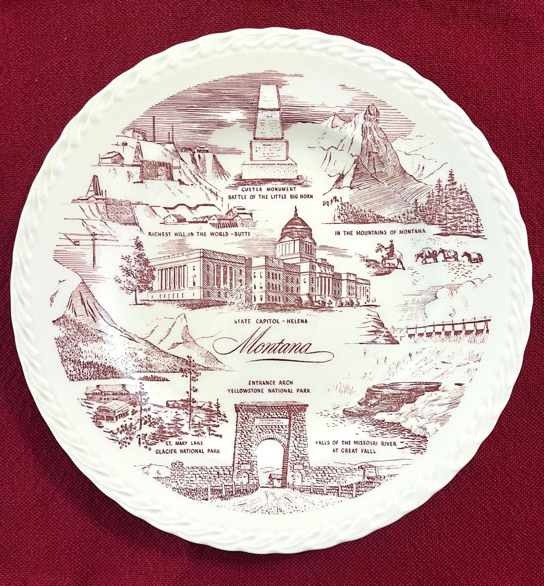 Montana State Souvenir Plate by Vernon Kilns, Yellowstone, Custer ...