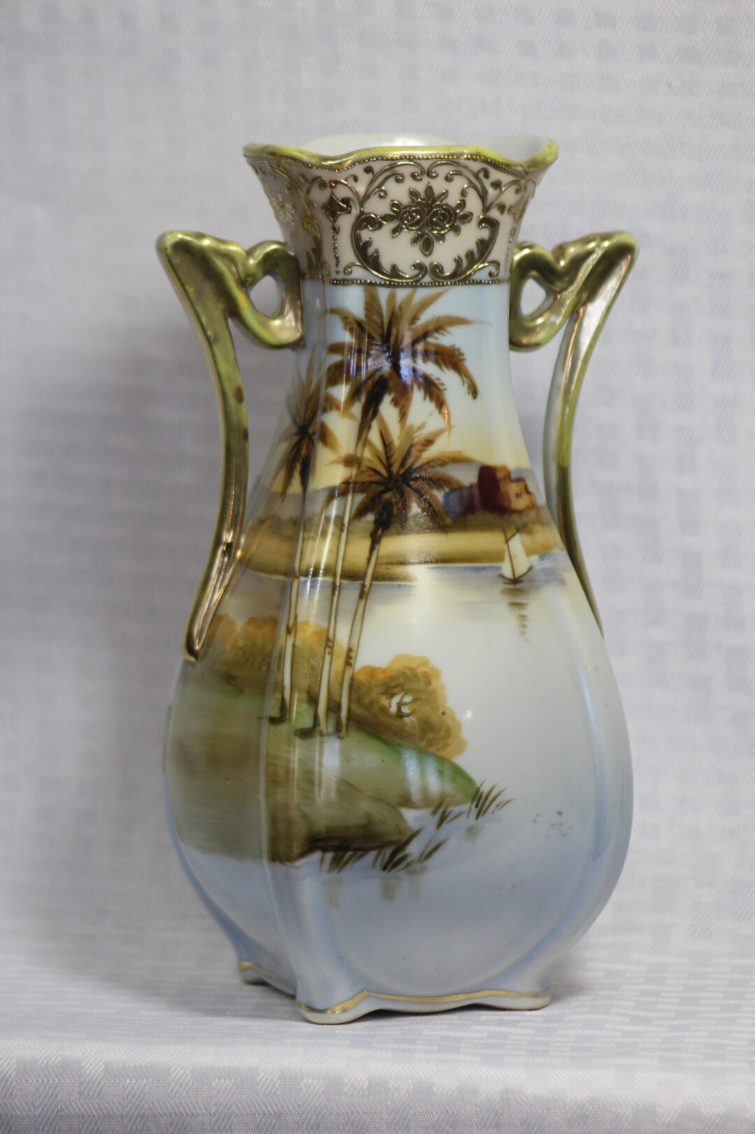 Hand Painted Ribbed Vase, Art Deco Double Handles, Palm Trees With Boat ...