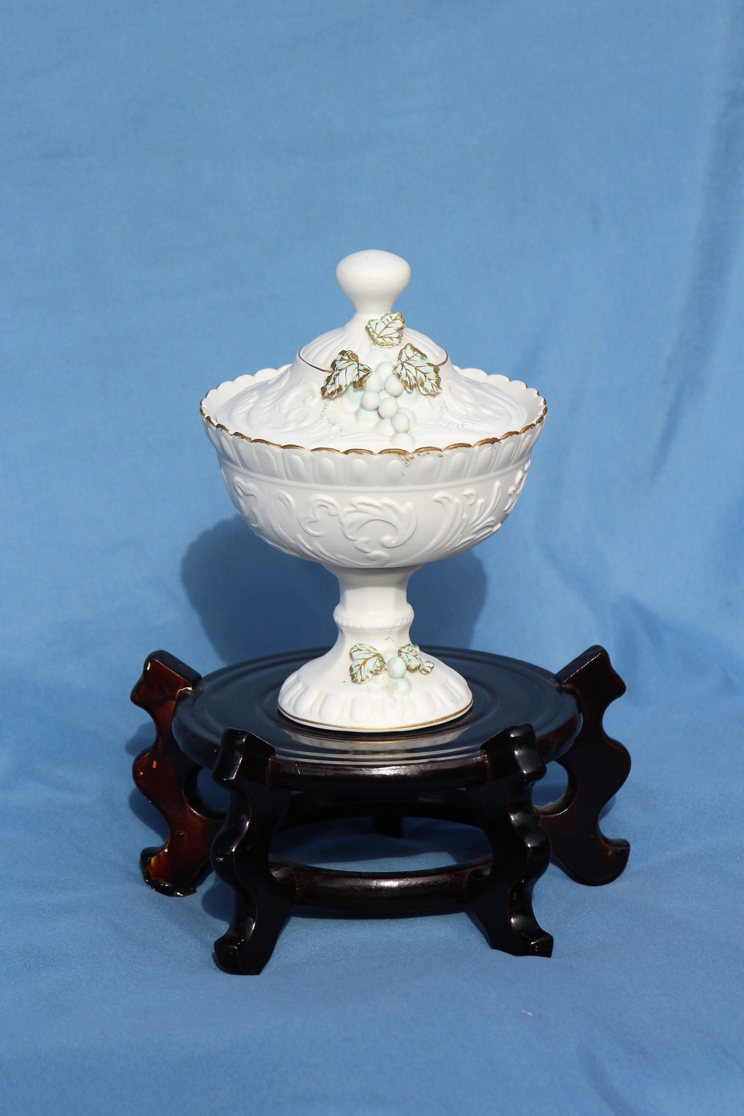 Lefton China Bisque Porcelain Pedestal Dish With Grapes and Leaves in ...