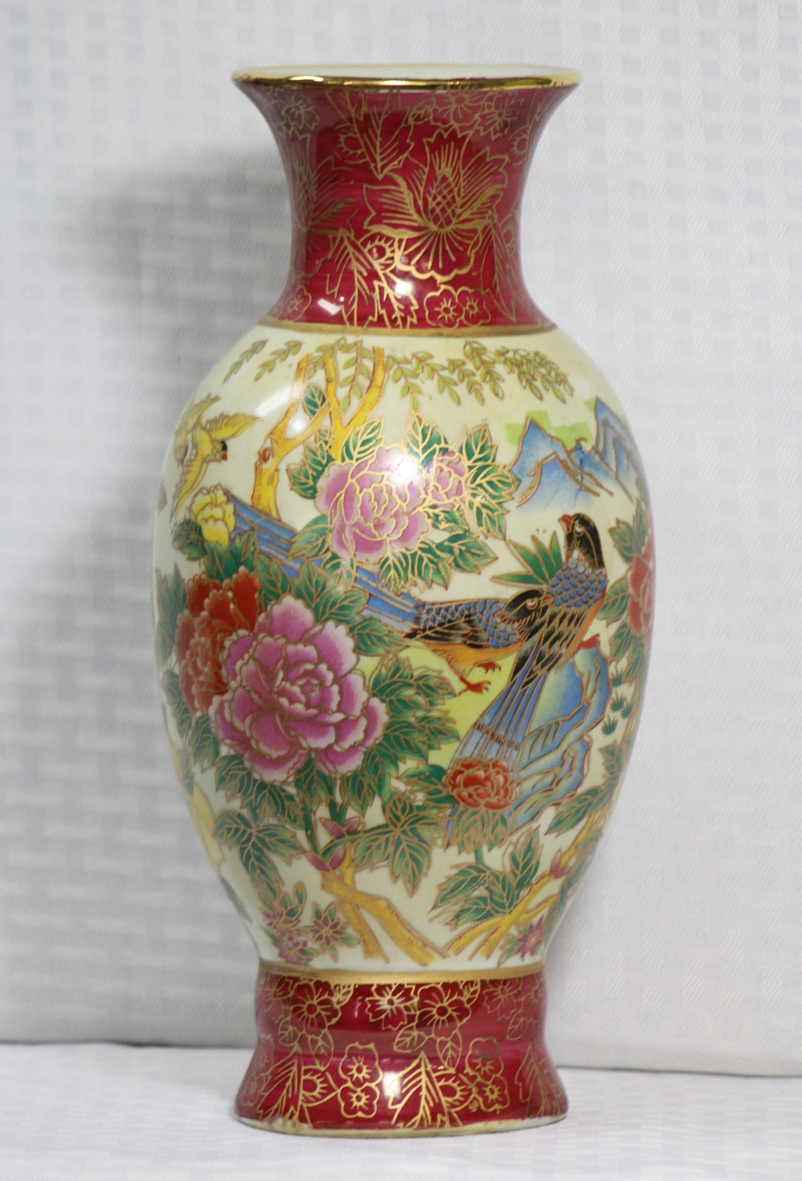 Hand Painted Chinese Vase, Decorated With Birds, Flowers and Mountains ...