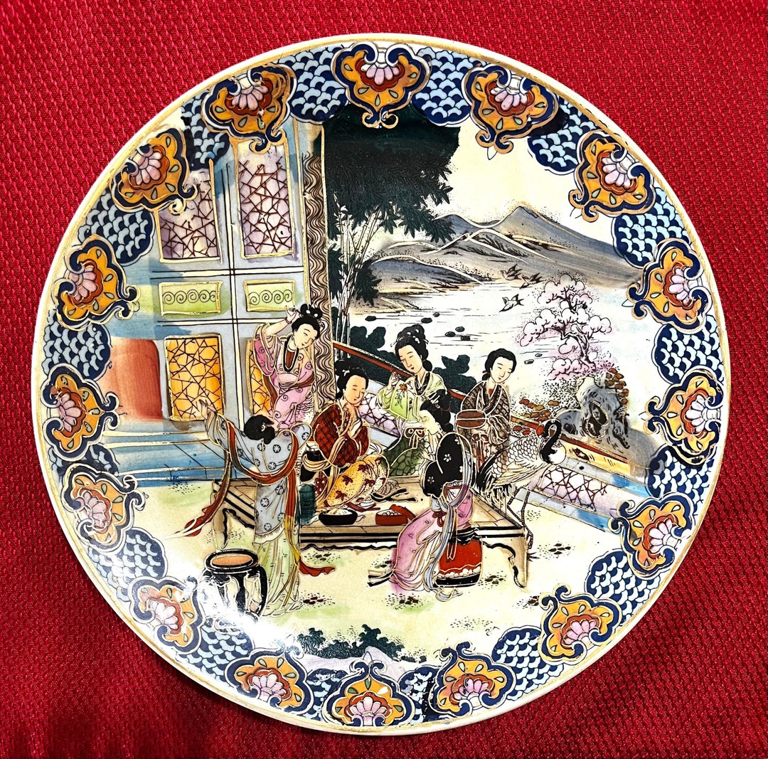 Royal Satsuma Collectible Plate With Geisha Girls, Flying Birds, Hills ...