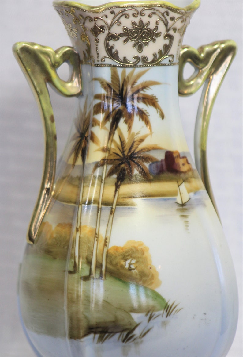 Hand Painted Ribbed Vase Art Deco Double Handles Palm Trees - Etsy