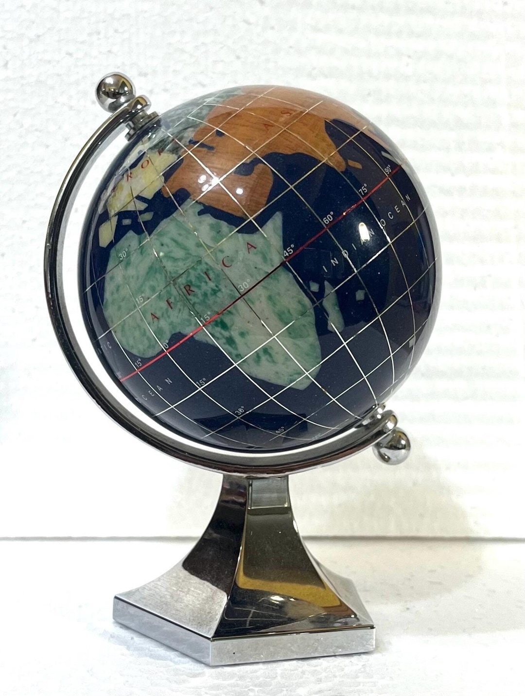 World Globe, Inlaid Semi-precious Gemstones & Mother of Pearl, Chromed ...