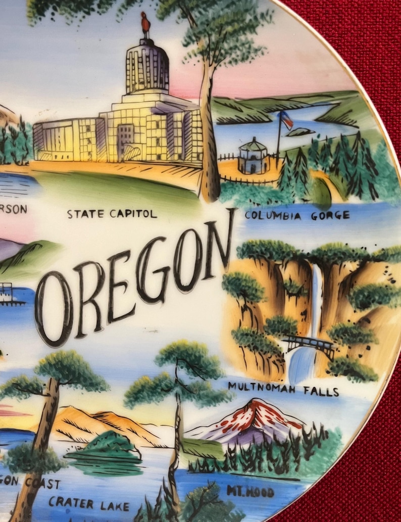 Oregon Souvenir State Plate, Hand Painted, Mt Hood, Mt Jefferson ...