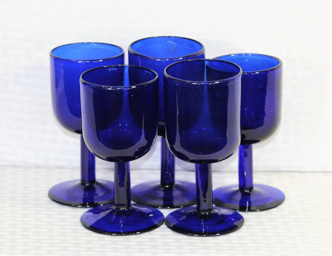 Hand Blown Cobalt Blue Stemmed Wine Goblets, Rustic Decor, Vintage Wine ...