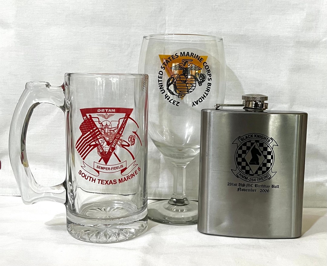 USMC Collectible Beer Tankard, Glass, Flask Set, Birthday Ball ...