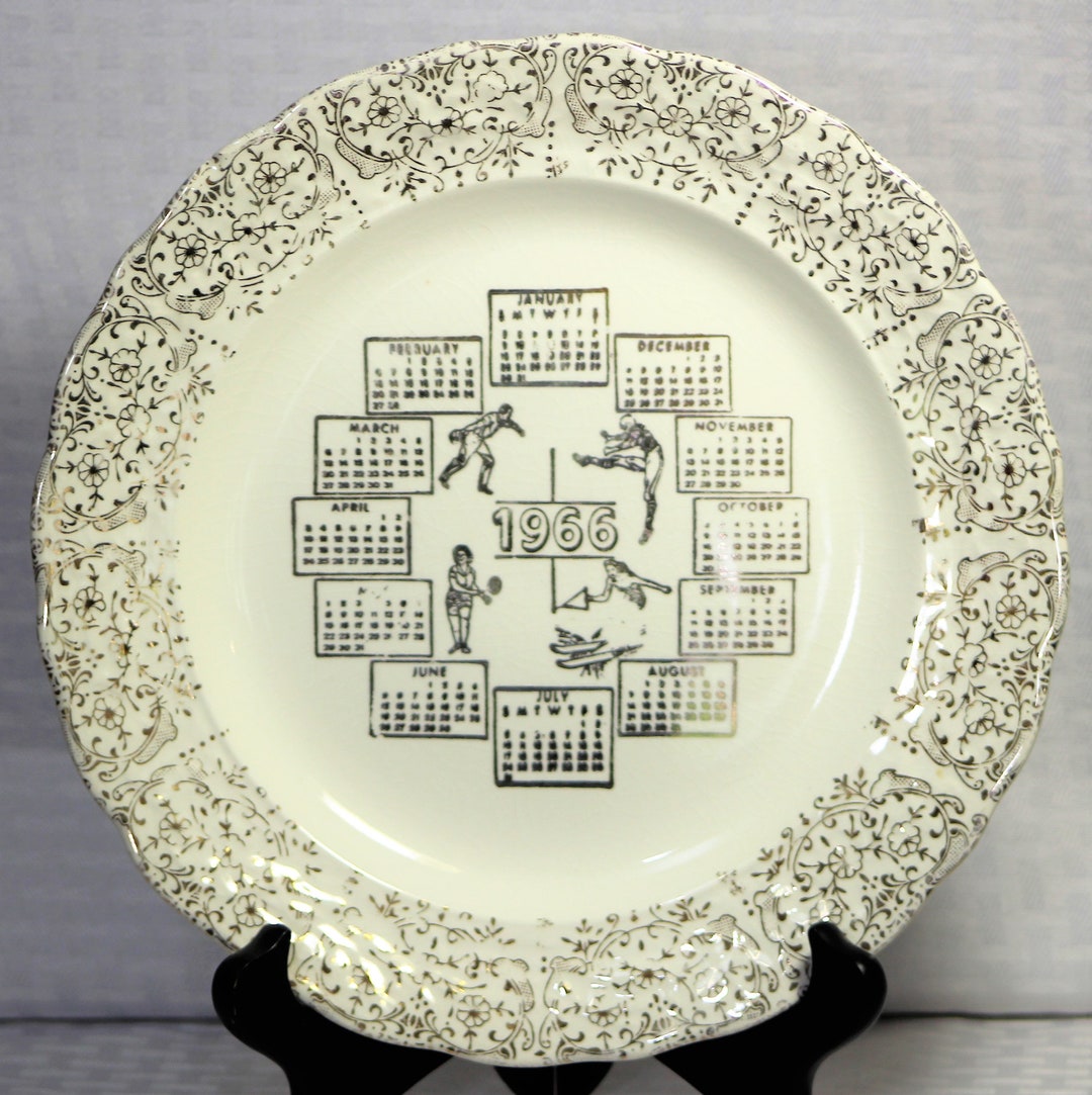 1966 Calendar Plates, Sports Theme, Gold Floral Filigree Surround ...