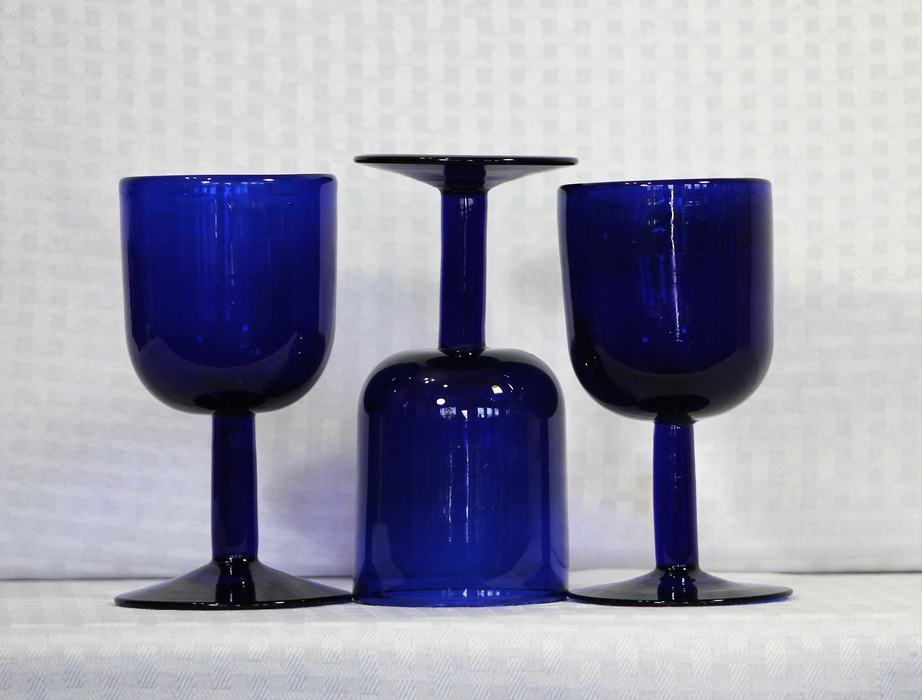 Hand Blown Cobalt Blue Stemmed Wine Goblets, Rustic Decor, Vintage Wine ...