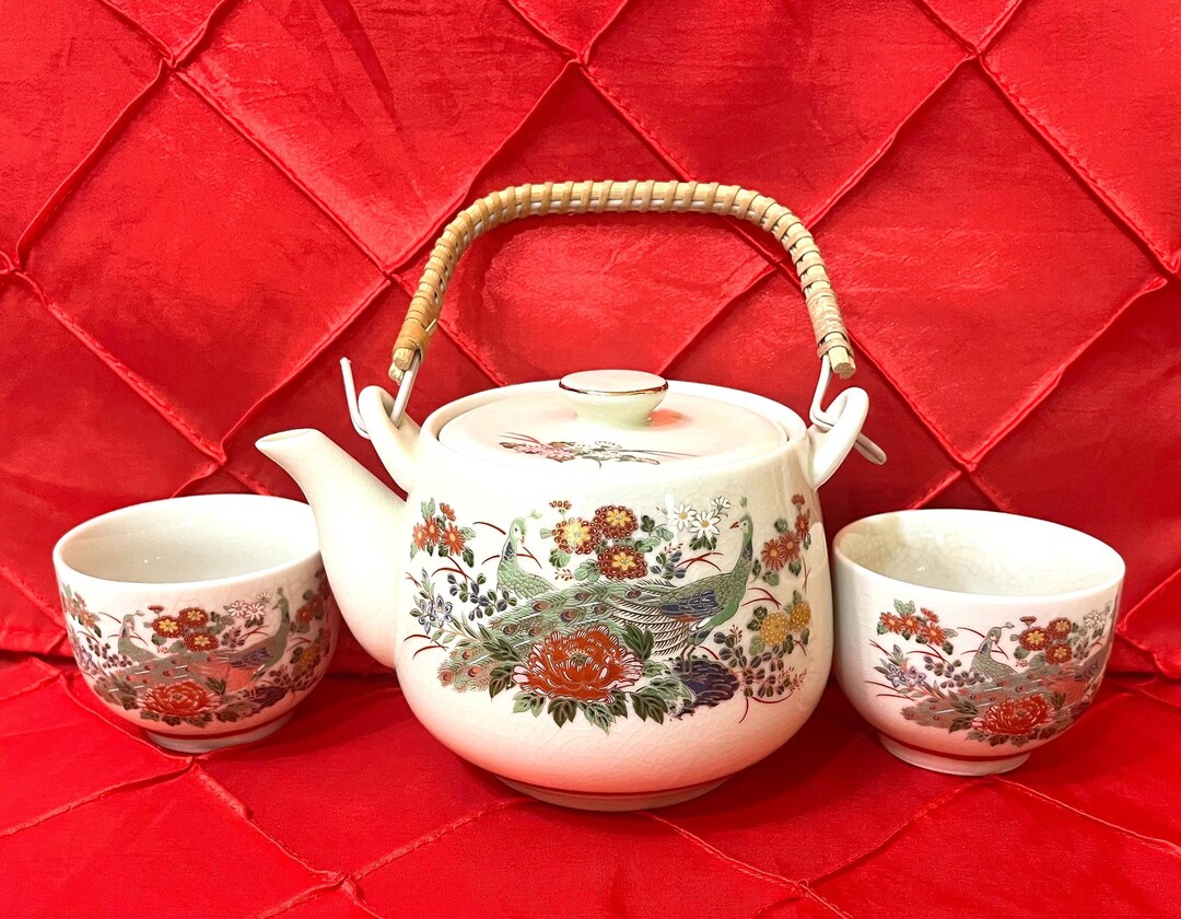 Japanese Tea Set, Peacocks and Flowers, Teapot With Cane Wrapped Handle ...
