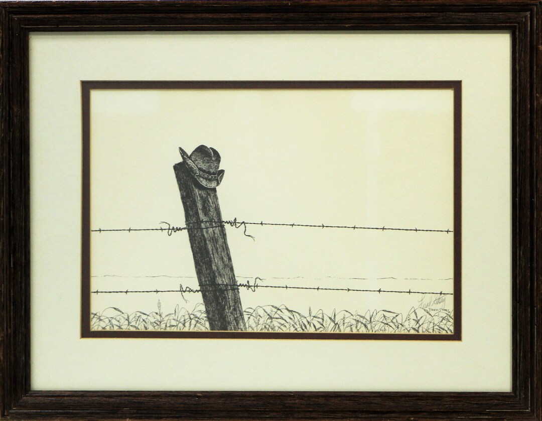 Signed Cowboy Hat Etching: Barbed Wire Fence Art, Framed 1975 Print - Etsy