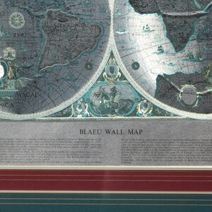 Vintage Framed Colored Foil Blaeu Wall Map of the Old and New Worlds, Double Hemisphere World ...