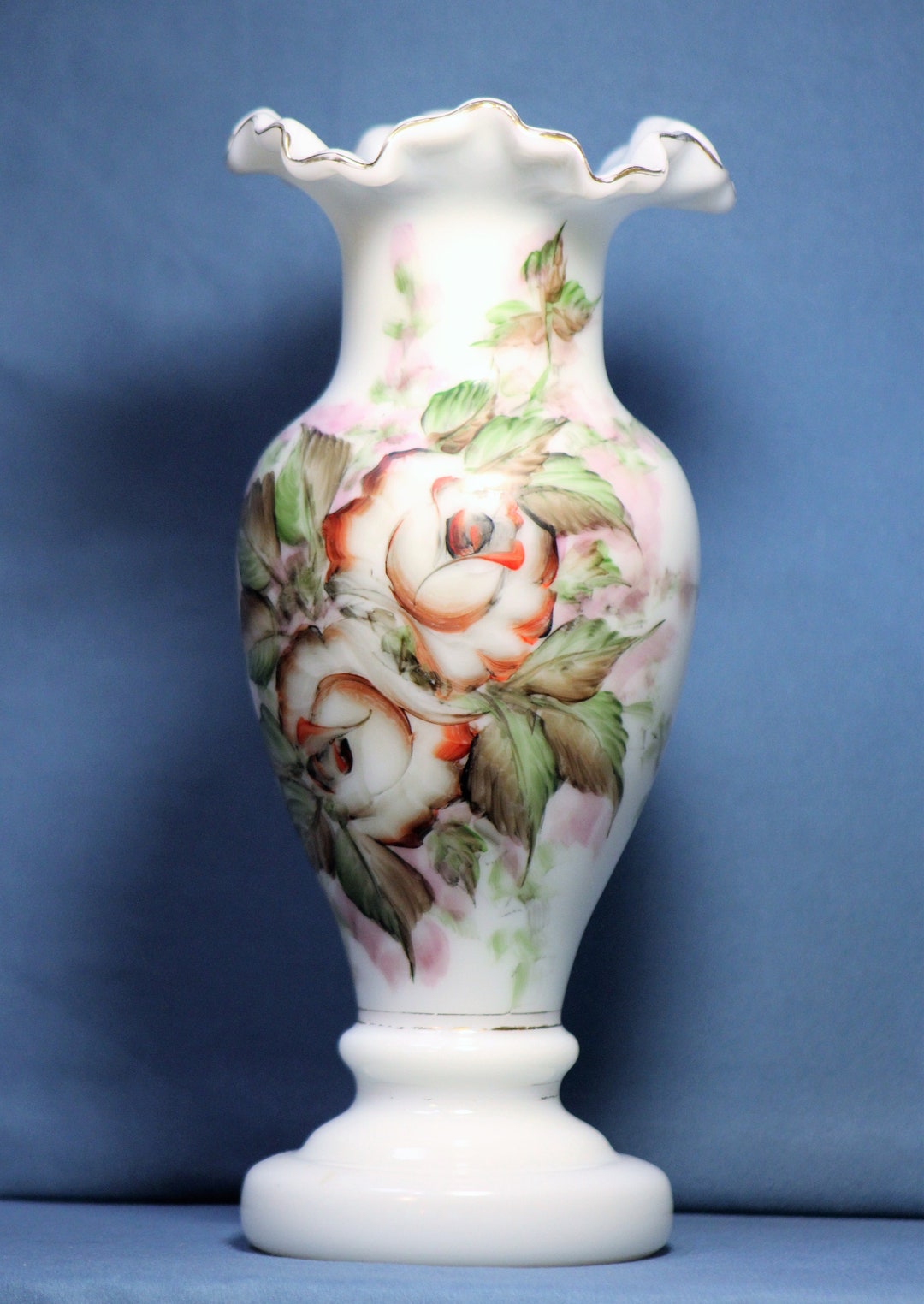 Antique Bristol Glass Vase With Hand Painted Roses 10.5" Tall, Ruffled ...