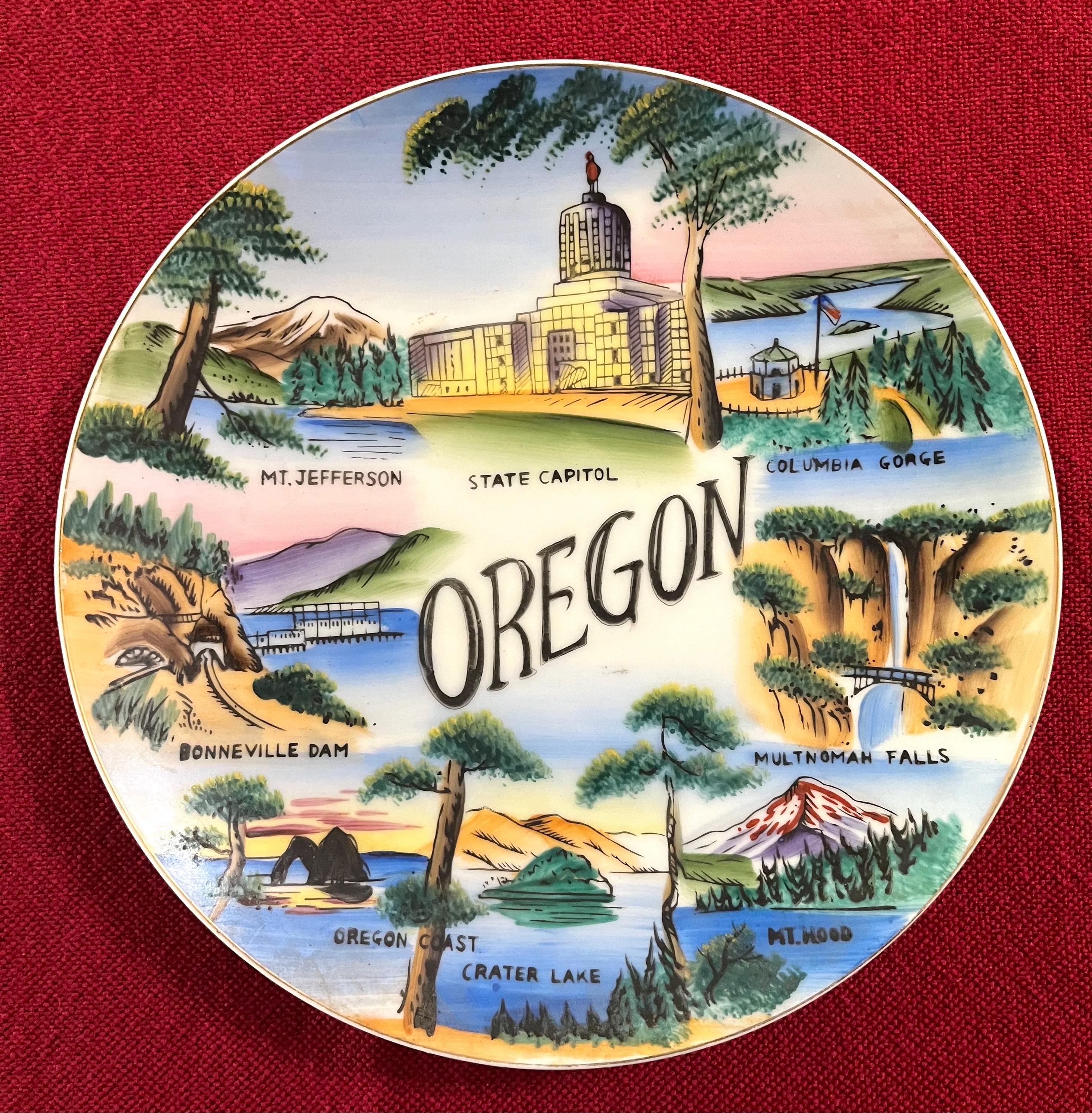 Oregon Souvenir State Plate, Hand Painted, Mt Hood, Mt Jefferson ...