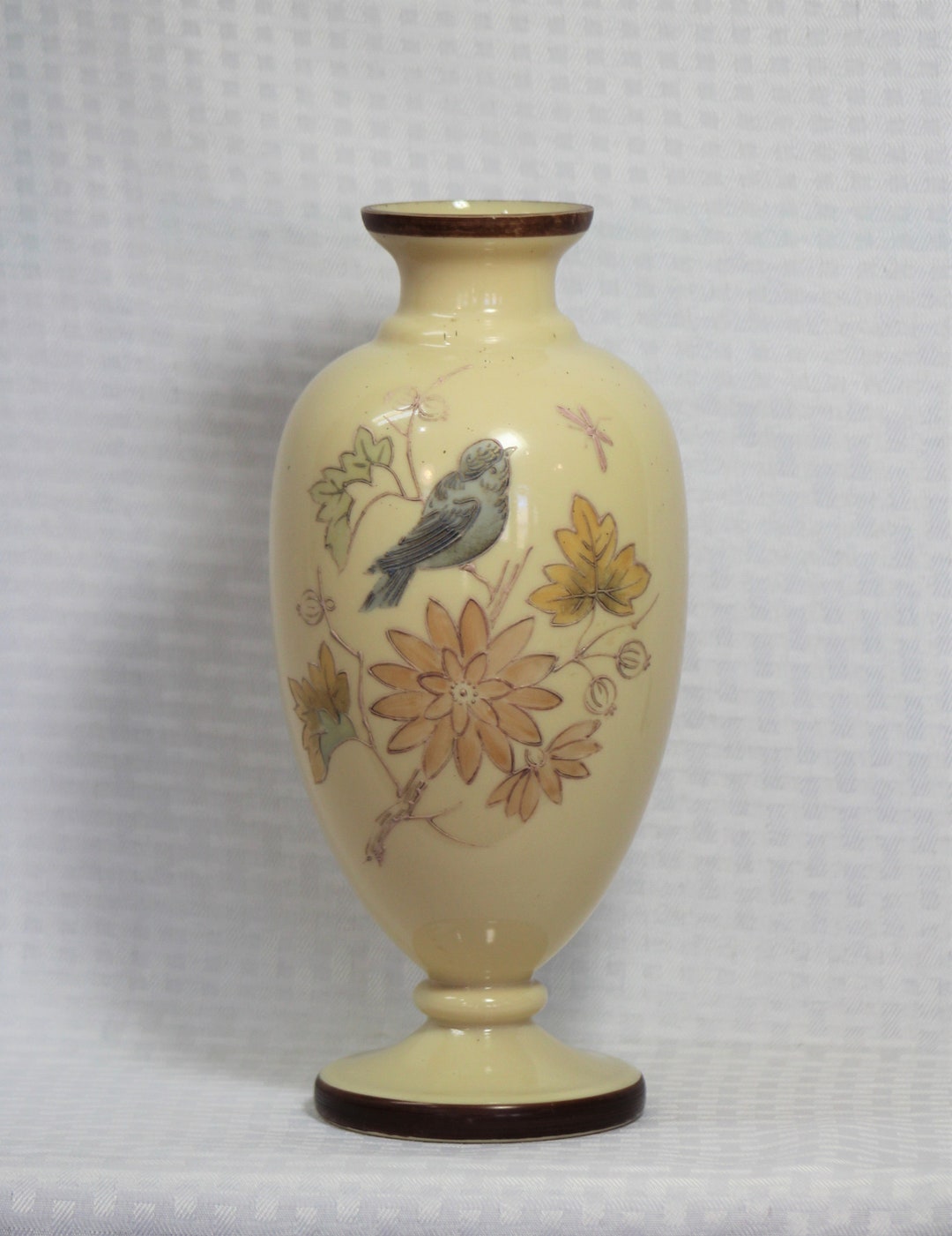 RARE Antique Bristol Glass Vase, Hand Enameled With Blue Bird, Flowers ...